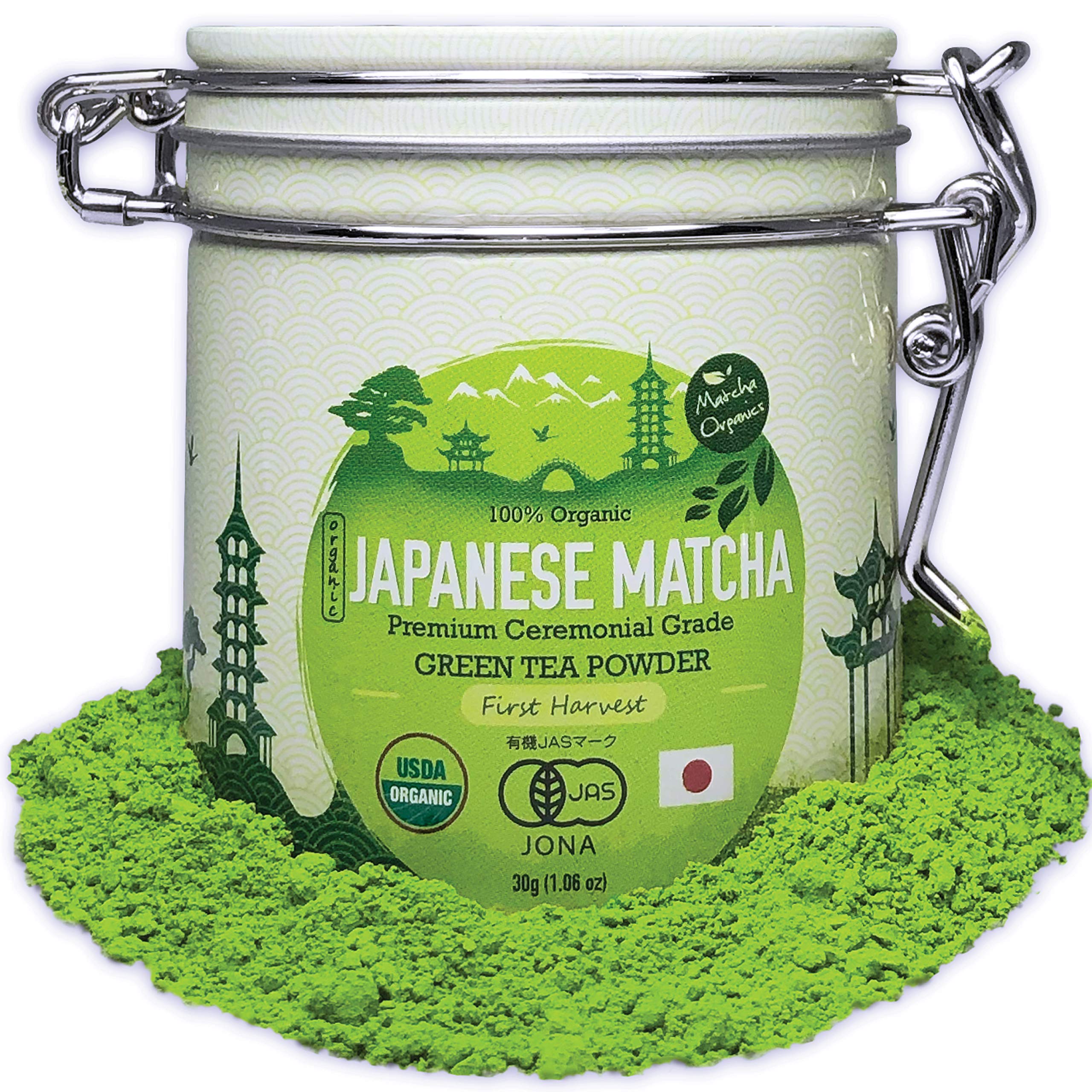 Matcha Organics - Premium Ceremonial Grade Matcha Green Tea Powder - Authentic 1st Harvest Japanese Green Tea - USDA & JAS Organic - Perfect for Ceremonial Matcha Latte Powder Smoothies 30g Tin 1.06oz