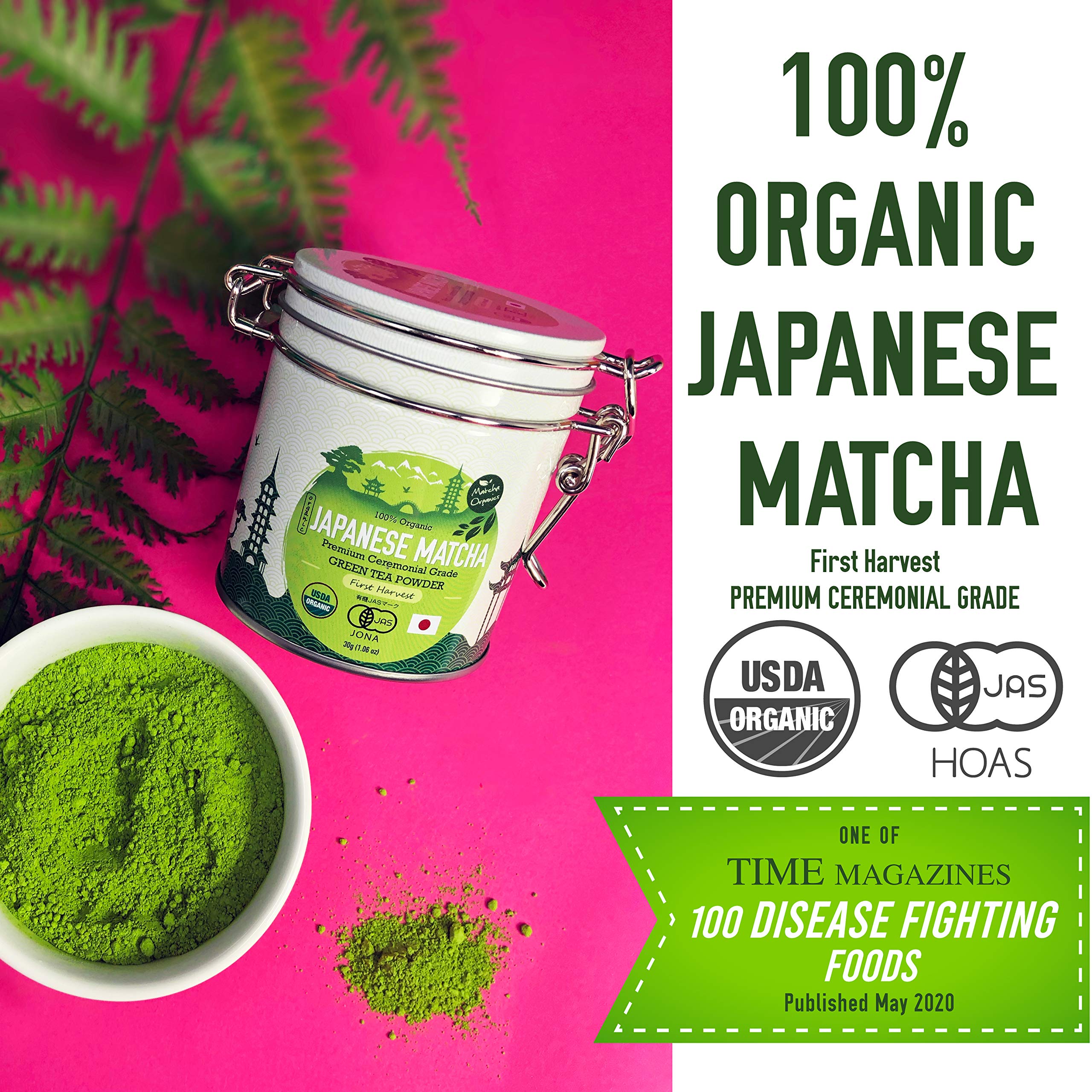 Matcha Organics - Premium Ceremonial Grade Matcha Green Tea Powder - Authentic 1st Harvest Japanese Green Tea - USDA & JAS Organic - Perfect for Ceremonial Matcha Latte Powder Smoothies 30g Tin 1.06oz