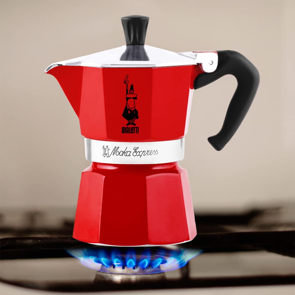 Bialetti - Moka Espress: Iconic Stovetop Espresso Maker, Makes Real Italian Coffee, Moka Pot 6 Cups (6 Oz), Aluminium, Red