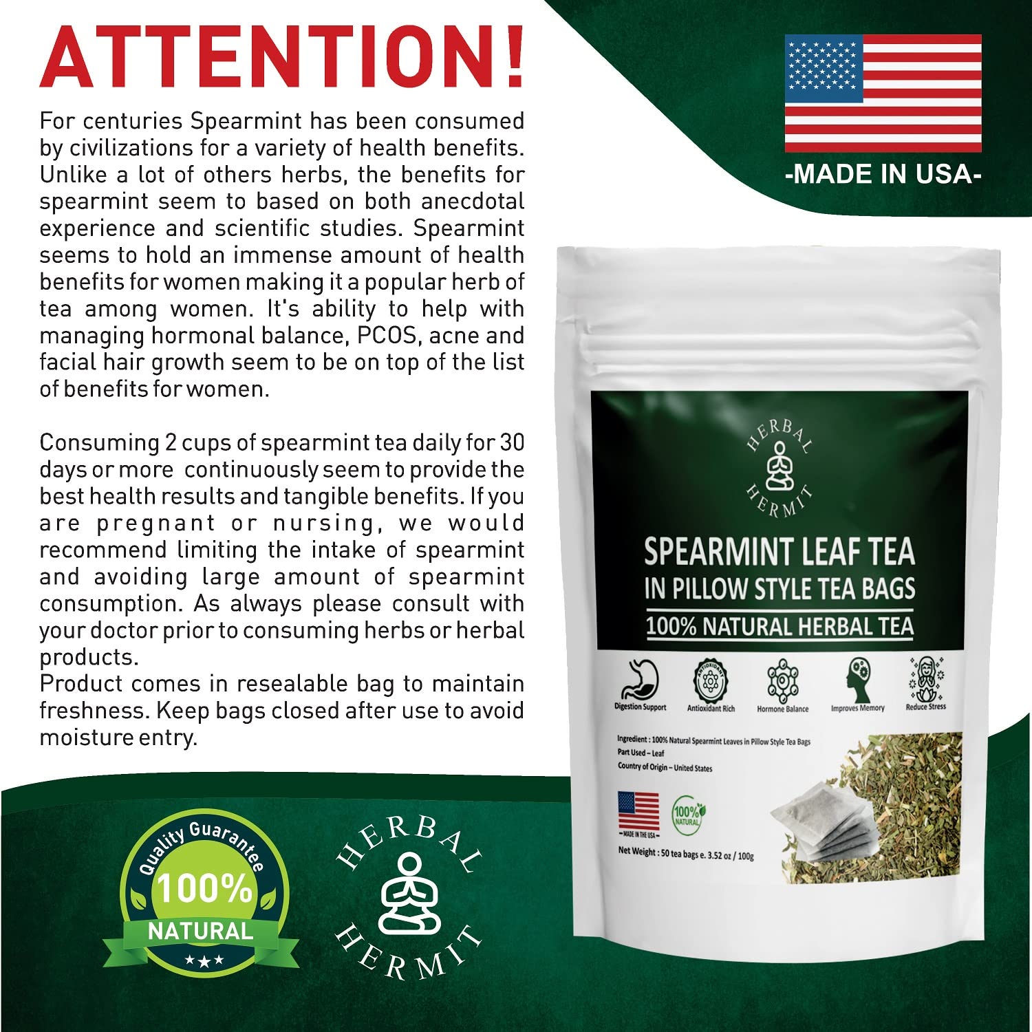 Spearmint Tea (50 Tea Bags) with Natural Spearmint Leaves Herbal Tea in Caffeine Free Easy to Use Tea Bags