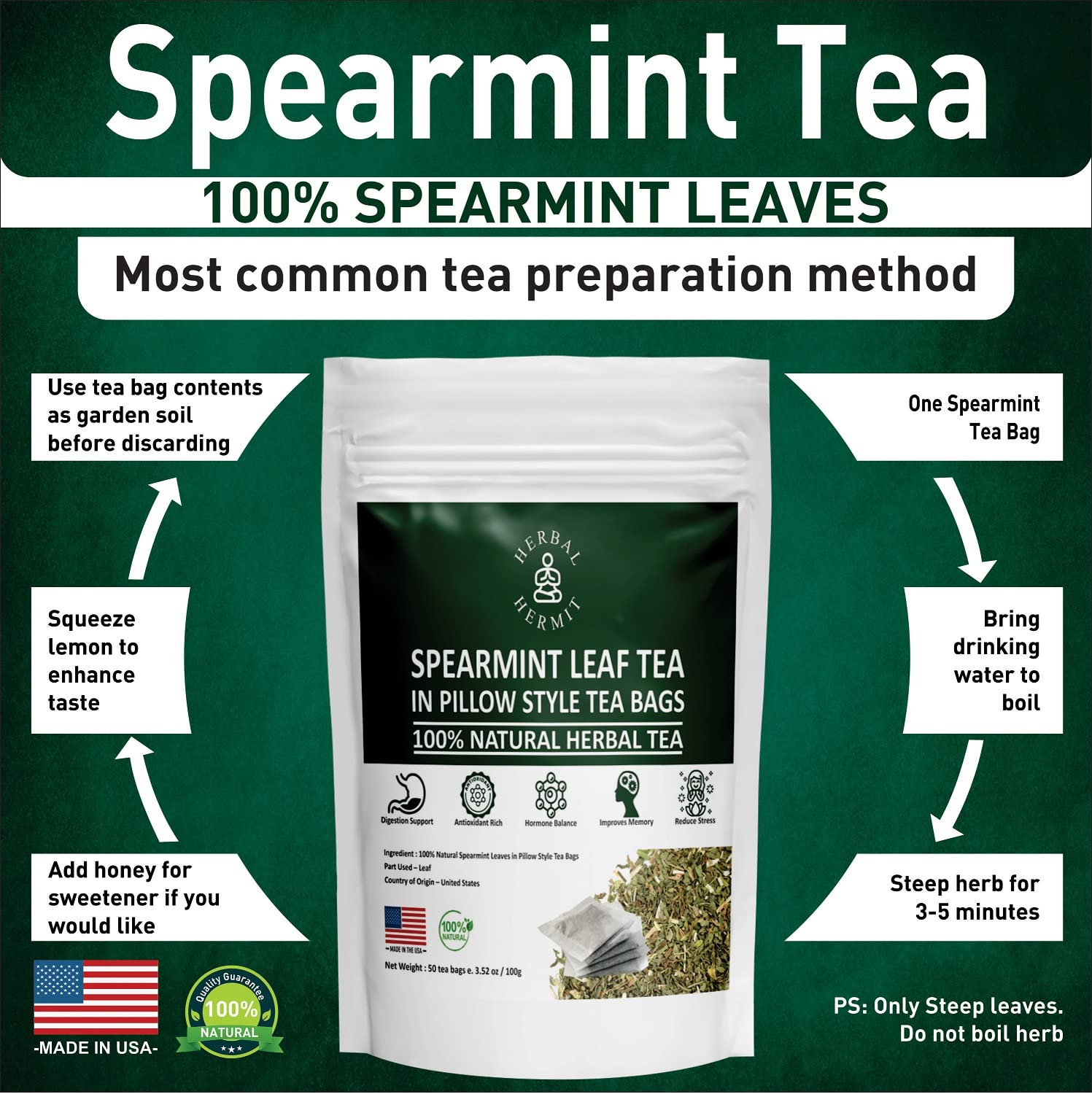 Spearmint Tea (50 Tea Bags) with Natural Spearmint Leaves Herbal Tea in Caffeine Free Easy to Use Tea Bags