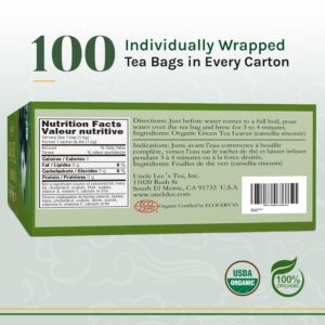 Uncle Lee’s Organic Green Tea - Premium Tea for Everyday Wellness, Medium Caffeine, Antioxidant-Rich Green Tea Bags, Individually Wrapped, 100 Count (Pack of 4)