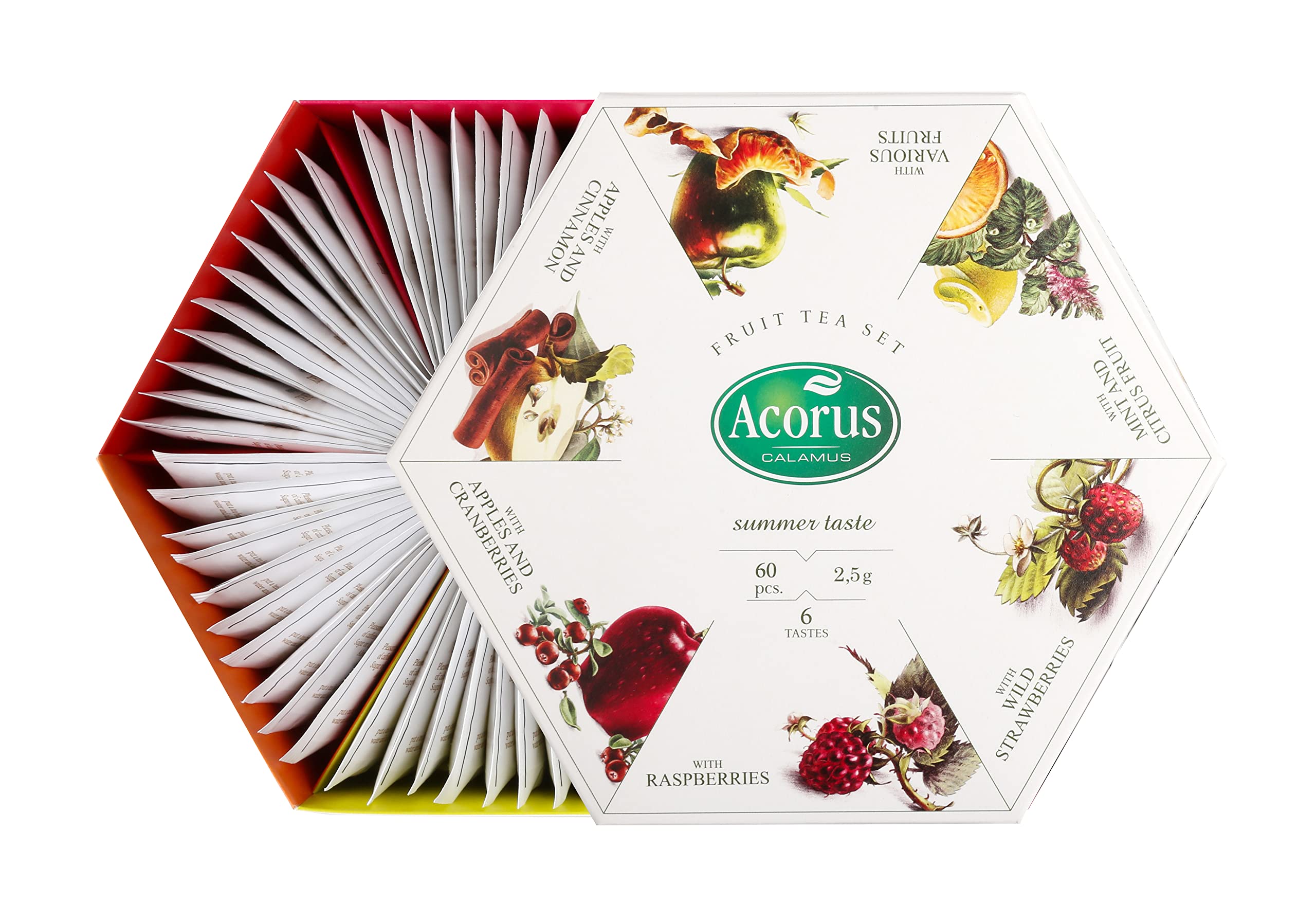 ACORUS Summer Taste Fruit Tea Set | Natural Assorted Tea Hamper Box Gift Set | Large Selection Box 60 Tea Bags | Tea Gift Sets | 6 Fruit and Berry Tea Flavour Sampler