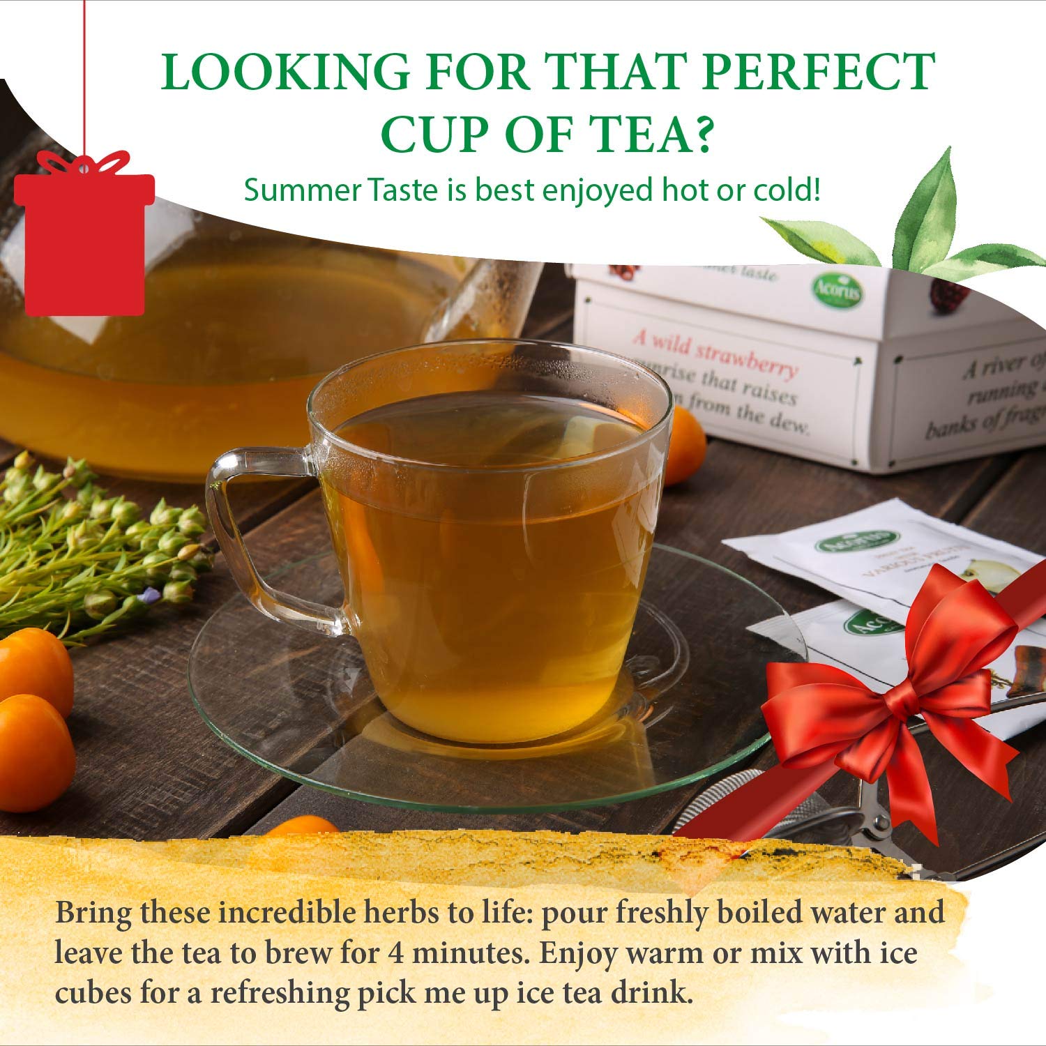 ACORUS Summer Taste Fruit Tea Set | Natural Assorted Tea Hamper Box Gift Set | Large Selection Box 60 Tea Bags | Tea Gift Sets | 6 Fruit and Berry Tea Flavour Sampler