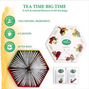 ACORUS Summer Taste Fruit Tea Set | Natural Assorted Tea Hamper Box Gift Set | Large Selection Box 60 Tea Bags | Tea Gift Sets | 6 Fruit and Berry Tea Flavour Sampler