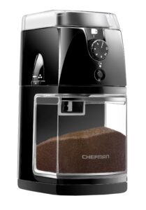 chefman coffee grinder electric burr mill - freshly grinds up to 2.8oz beans, large hopper with 17 grinding options for 2-12 cups, easy one touch operation, cleaning brush included, black