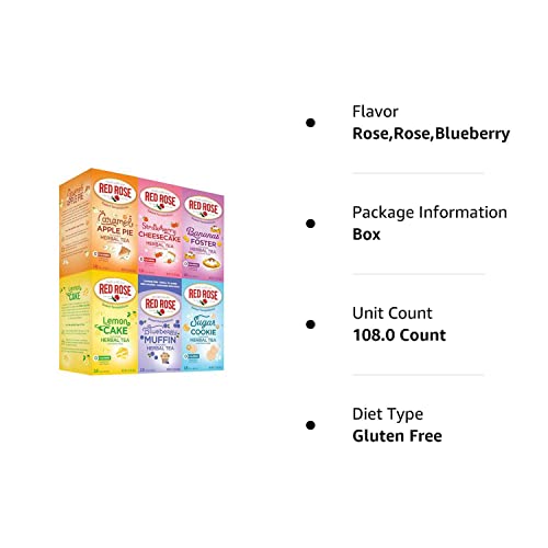 Red Rose Sweet Temptations Bundle! 6 Flavor Sugar Cookie, Banana Foster, Caramel Apple Pie, Blueberry Muffin, Lemon Cake & Strawberry Cheesecake! 0 Calories, Gluten Free and Caffeine Free Herbal Tea!