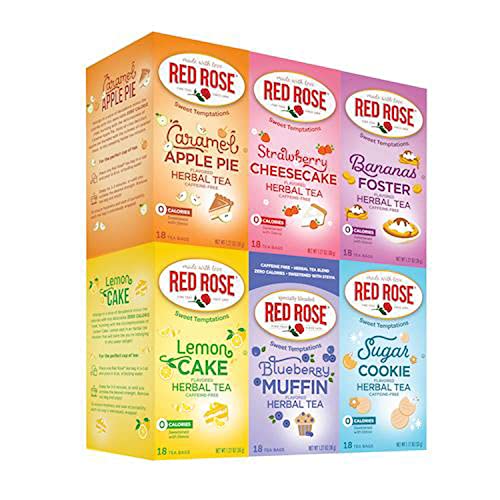 Red Rose Sweet Temptations Bundle! 6 Flavor Sugar Cookie, Banana Foster, Caramel Apple Pie, Blueberry Muffin, Lemon Cake & Strawberry Cheesecake! 0 Calories, Gluten Free and Caffeine Free Herbal Tea!