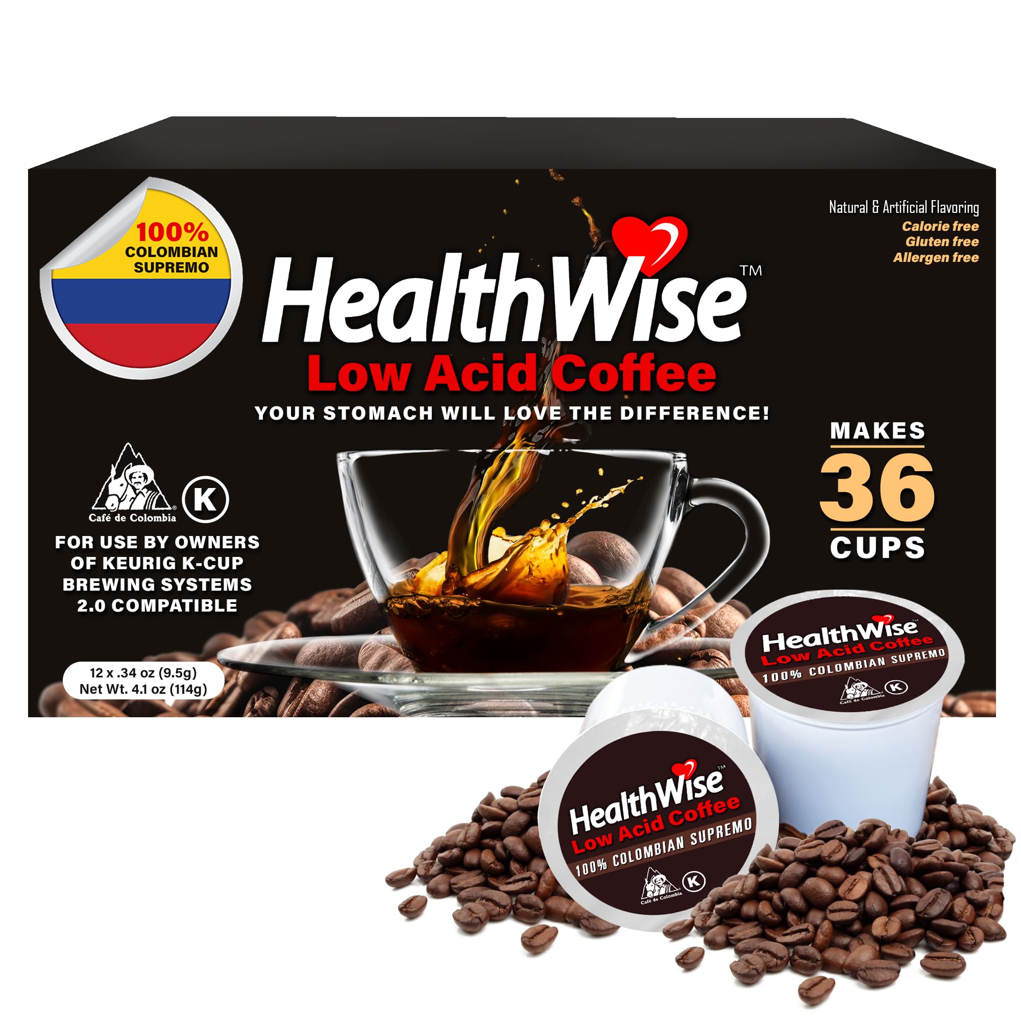 HealthWise Low Acid 100% Colombian Kcups Keurig Compatible - 36 Count (Pack of 1)