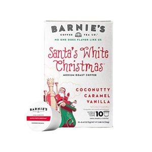 barnie's single serve santa's white christmas coffee pods with coconut, caramel and warm vanilla flavors, medium roast coffee compatible with keurig brewers, 10 count