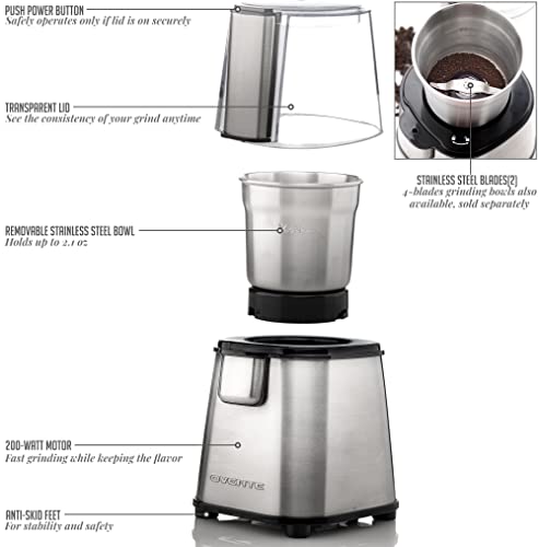 OVENTE Electric Coffee Grinder 2.1 Ounce Cup Fresh Grind with 2 Blade Stainless Steel Grinding Bowl, Fast Grinding with 200 Watt Powered Motor Perfect for Beans, Spices, Nuts, Silver CG620S