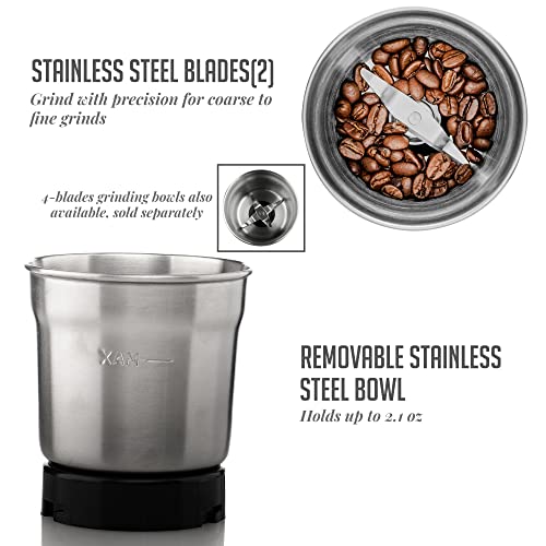 OVENTE Electric Coffee Grinder 2.1 Ounce Cup Fresh Grind with 2 Blade Stainless Steel Grinding Bowl, Fast Grinding with 200 Watt Powered Motor Perfect for Beans, Spices, Nuts, Silver CG620S