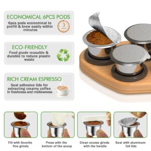 CAPMESSO Reusable Capsules for Nespresso OriginalLine, 6pcs Nespresso Refillable Pods Stainless Steel Coffee Pods Compatible with Nespresso Originaline Machine(6 Pods+100 Lids+ Wood Storage Tray)