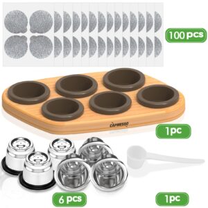 CAPMESSO Reusable Capsules for Nespresso OriginalLine, 6pcs Nespresso Refillable Pods Stainless Steel Coffee Pods Compatible with Nespresso Originaline Machine(6 Pods+100 Lids+ Wood Storage Tray)