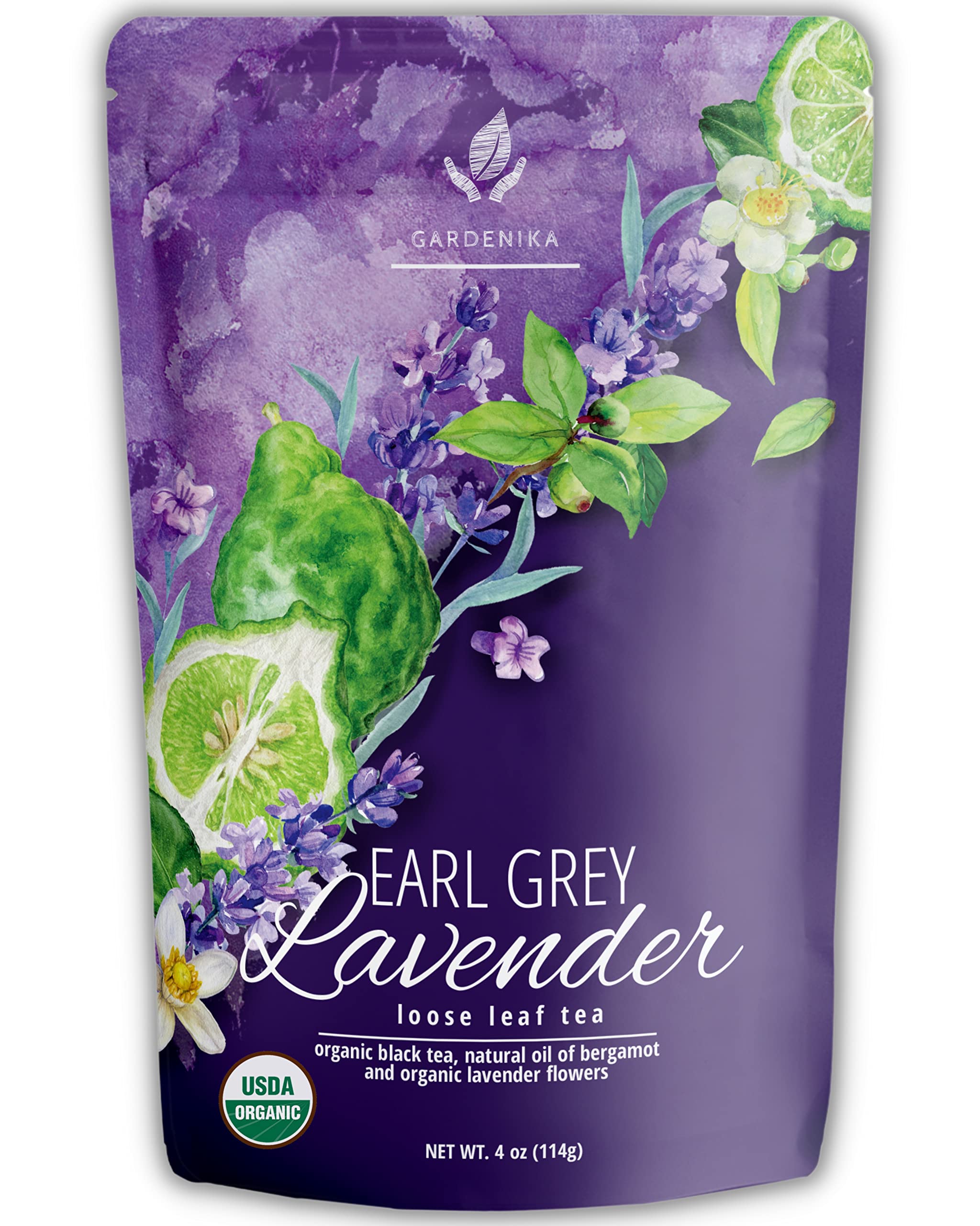 Gardenika Organic Earl Grey Loose Leaf Tea with Lavender and Bergamot Oil, Caffeinated Black Leaves, Kosher, No Natural or Artificial Flavors - 4 oz