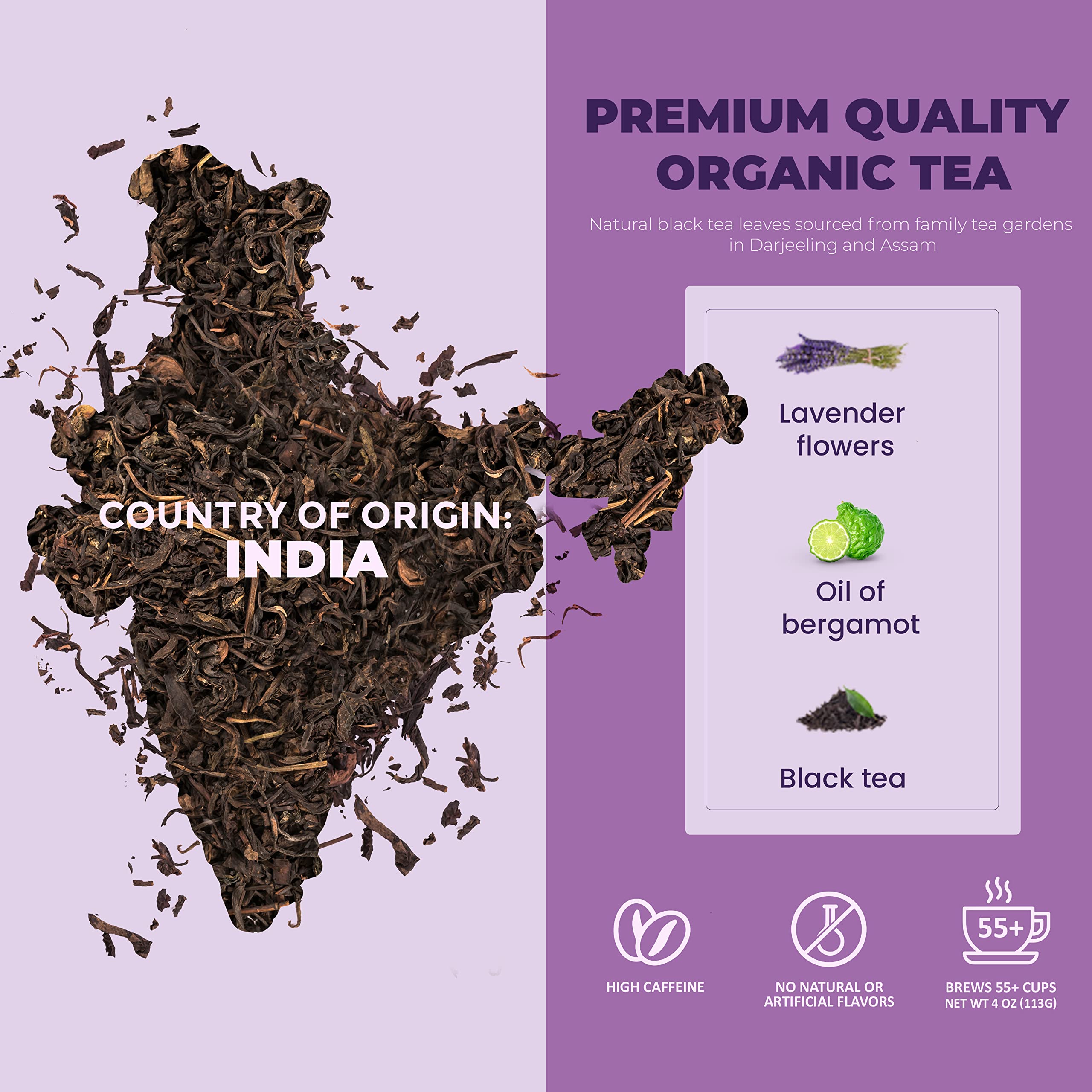 Gardenika Organic Earl Grey Loose Leaf Tea with Lavender and Bergamot Oil, Caffeinated Black Leaves, Kosher, No Natural or Artificial Flavors - 4 oz