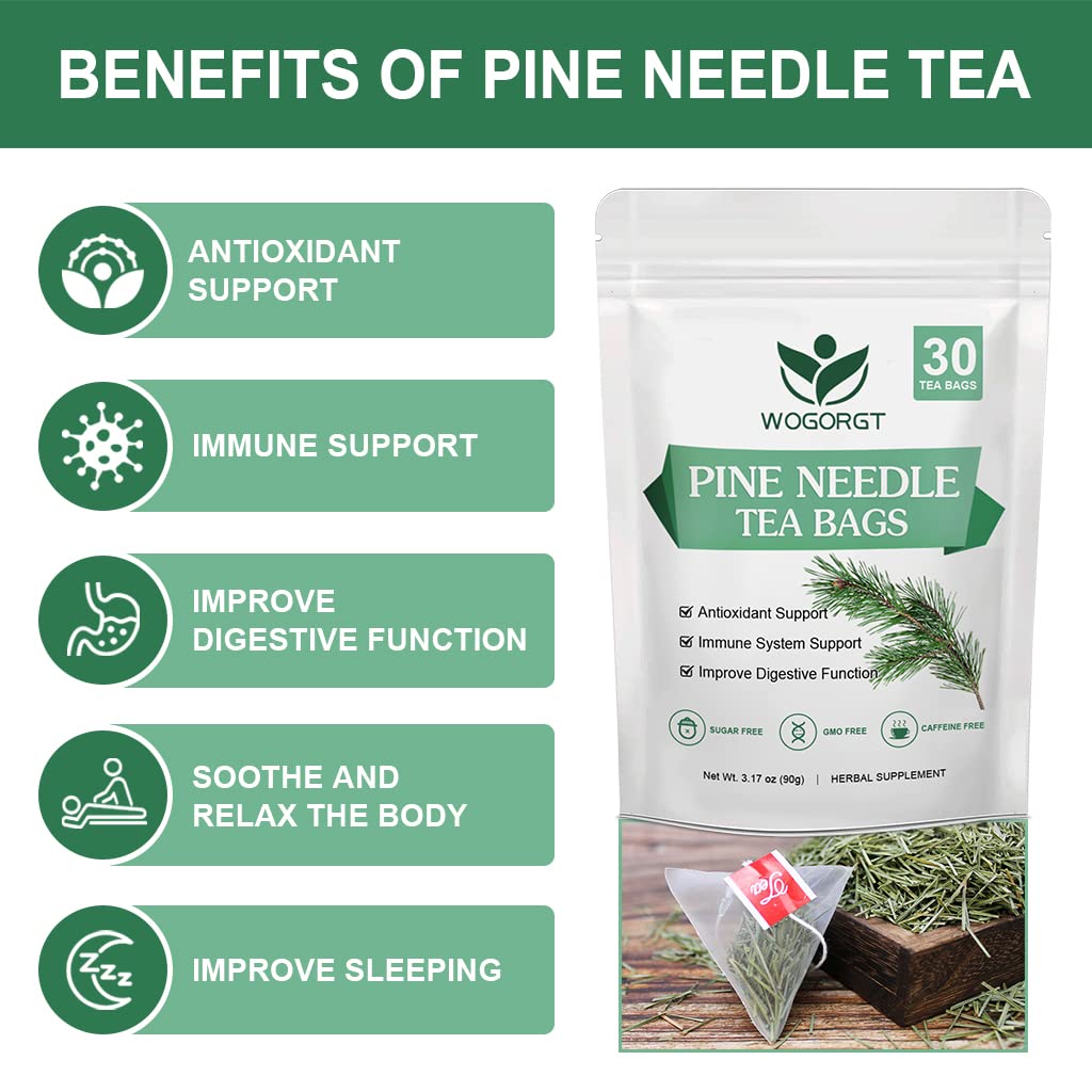 Organic Dried Pine Needle Tea Bags - Pine Needle Herbal Tea for Immune Support & Antioxidant, Caffeine Free, Natural Suramin, 30 Tea bags