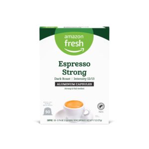 amazon fresh espresso strong dark roast aluminum capsules, compatible with nespresso original brewers, intensity 12/13, 50 count (5 packs of 10)