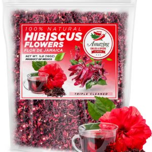 Hibiscus Flowers 1lb (16oz) – All Natural, Triple Cleaned - Whole Soft Flowers and Petals - Flor de Jamaica. Great for Hot or Iced Tea and Agua Fresca. By Amazing Chiles and Spices