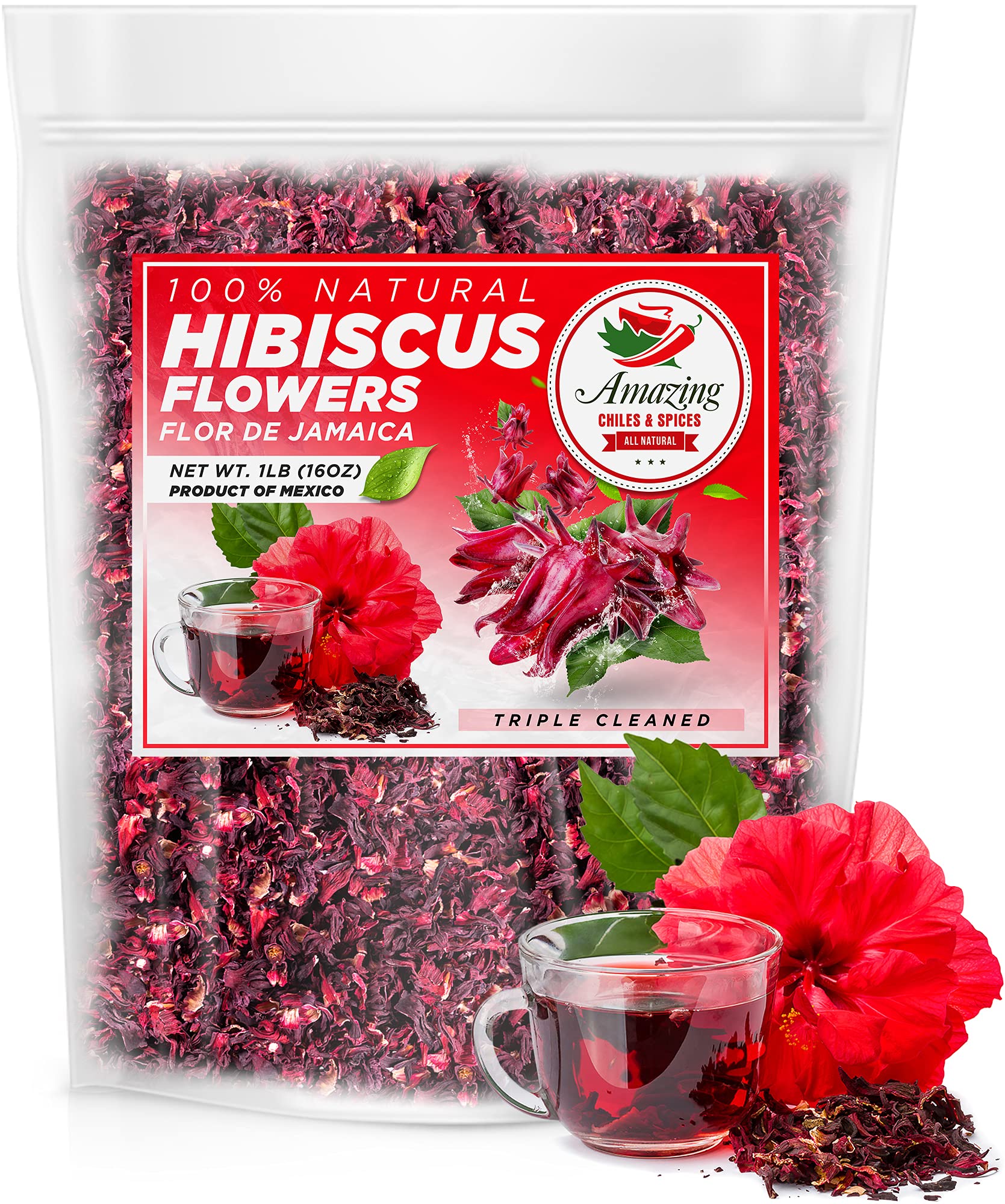 Hibiscus Flowers 1lb (16oz) – All Natural, Triple Cleaned - Whole Soft Flowers and Petals - Flor de Jamaica. Great for Hot or Iced Tea and Agua Fresca. By Amazing Chiles and Spices