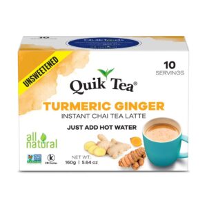 quiktea unsweetened turmeric ginger chai tea latte - 10 count single box - all natural preservative free authentic instant chai from assam