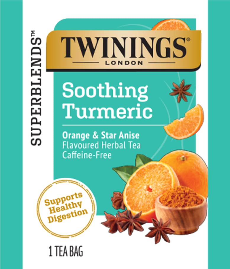 Twinings Soothe Tea - Orange & Star Anise Flavoured Turmeric Tea, Digestive Tea, Naturally Caffeine-Free Herbal Tea Bags Individually Wrapped, 18 Count.