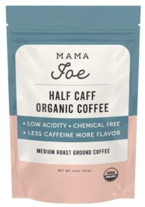 mama joe organic half caff coffee [ground] - low acid, low caffeine coffee for pregnancy - naturally decaffeinated using mountain water