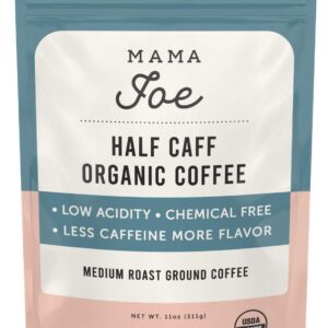 Mama Joe Organic Half Caff Coffee [Ground] - Low Acid, Low Caffeine Coffee for Pregnancy - Naturally Decaffeinated Using Mountain Water