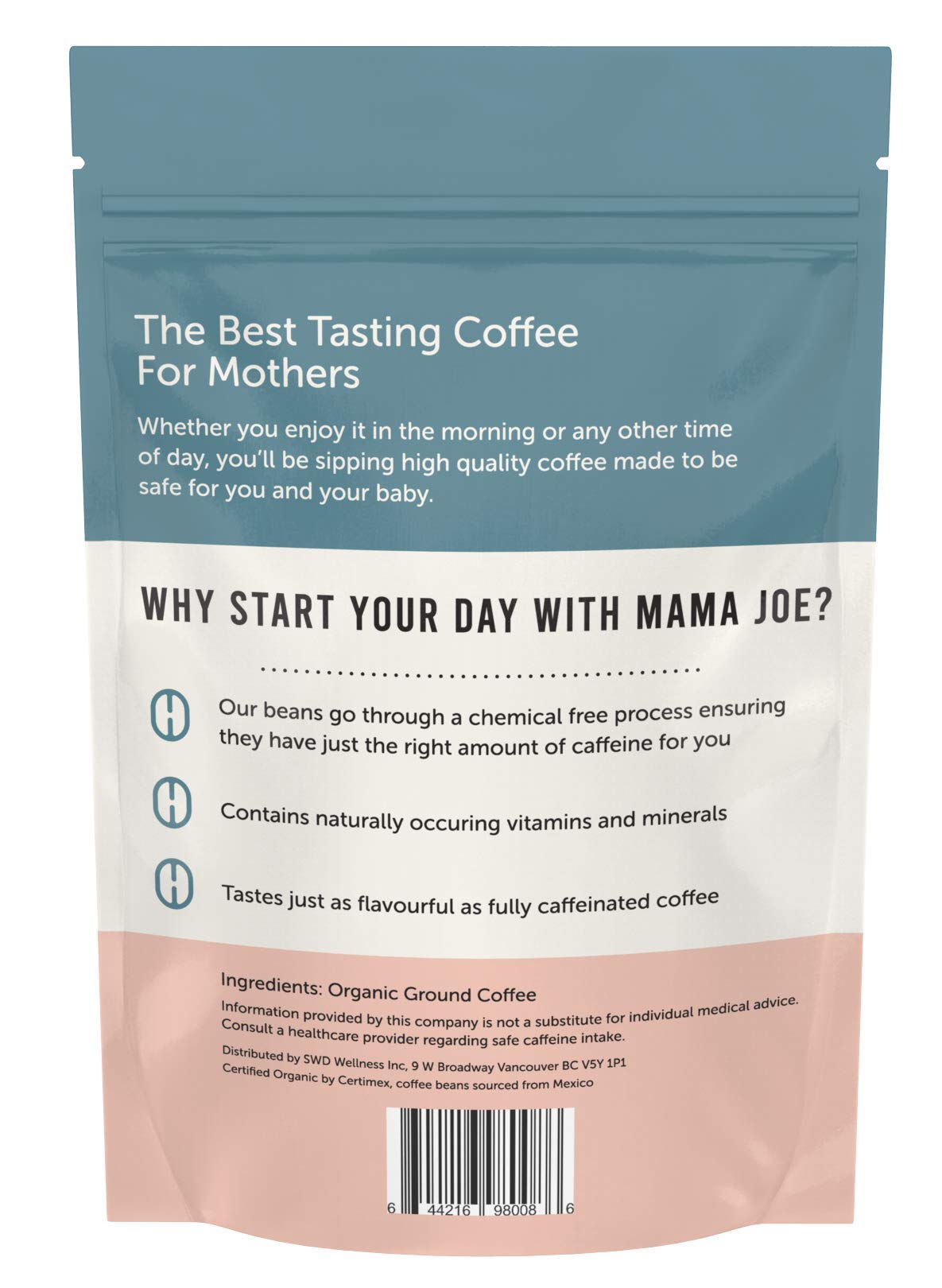 Mama Joe Organic Half Caff Coffee [Ground] - Low Acid, Low Caffeine Coffee for Pregnancy - Naturally Decaffeinated Using Mountain Water