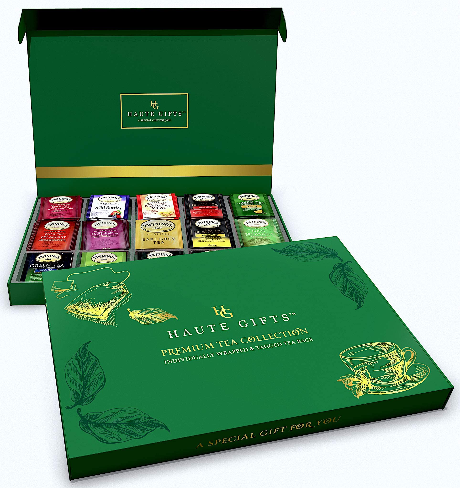 Tea Bags Sampler Assortment Variety Pack Gift Box 45 Count Tea Bags & 10 Honey Sticks - Perfect Variety - English Breakfast, Green, Black, Herbal, Chai Tea and more (Green)