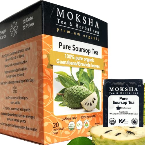 Pure Soursop Tea Case of 6-120 Organic Tea Bags made with Pure Graviola Leaf- Guanabana Leaves- Moksha Ayurveda