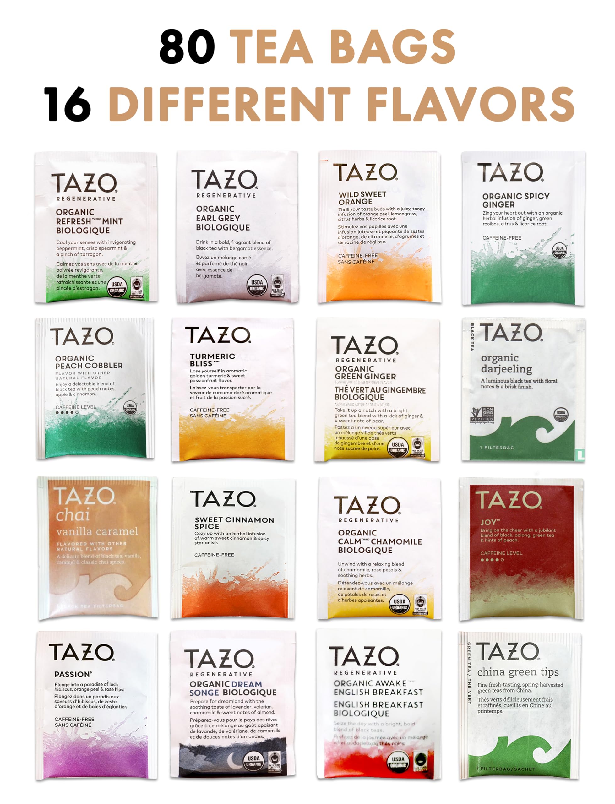 Eva's Gift Universe, Tazo Tea Bags Sampler Variety in Bamboo Tea Bag Organizer (80 Count) 16 Different Flavors Gifts for Parents Mom Dad Tea Lovers Couples