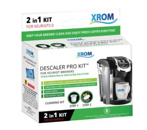 xrom plant based descaling & cleaning kit, compatible with all k-cup keurig 2.0 brewers, all natural ingredients, full cycle, rinse pods, descaler solution for keurig coffee makers