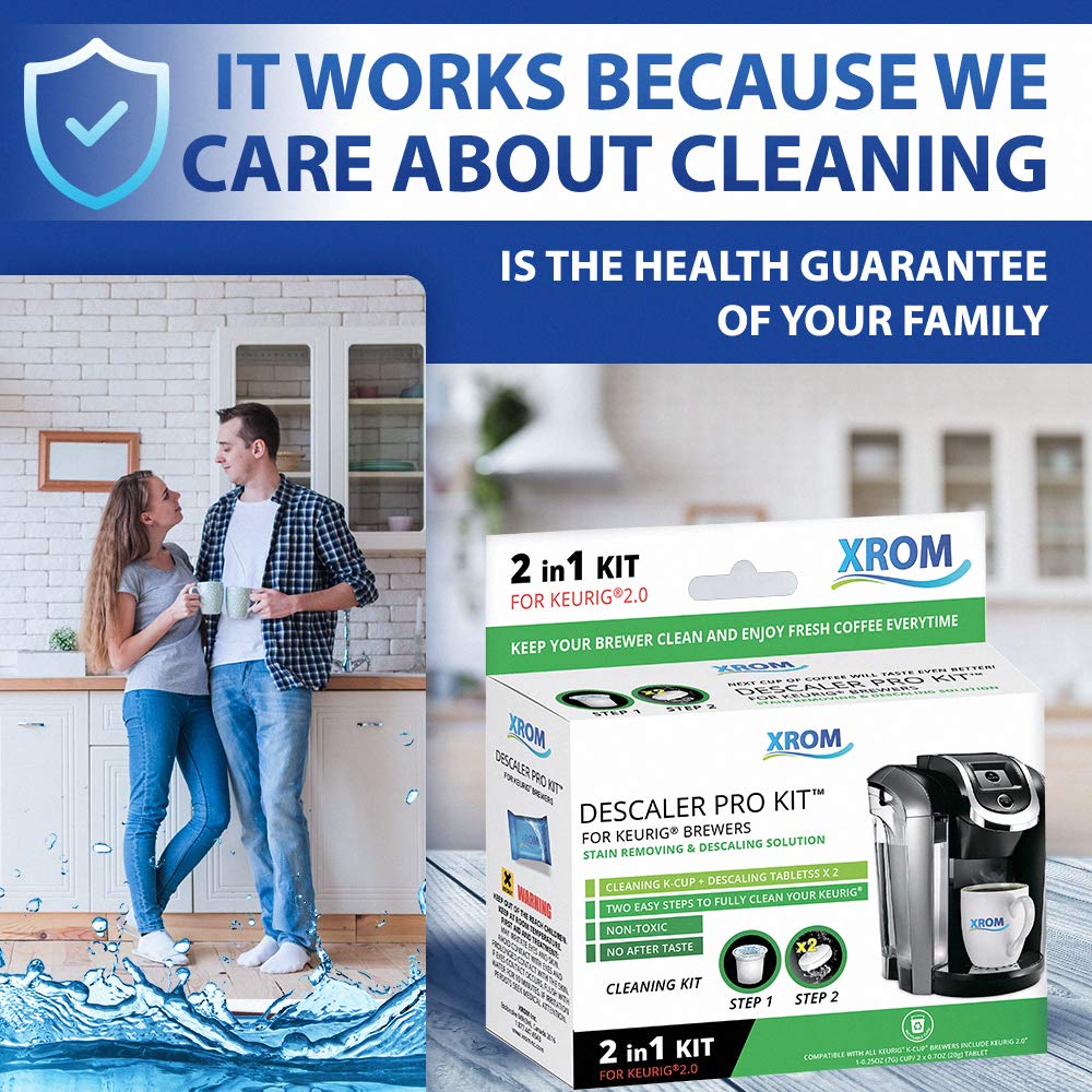 XROM Plant Based Descaling & Cleaning Kit, Compatible With All K-Cup Keurig 2.0 Brewers, All Natural Ingredients, Full Cycle, Rinse Pods, Descaler Solution For Keurig Coffee Makers