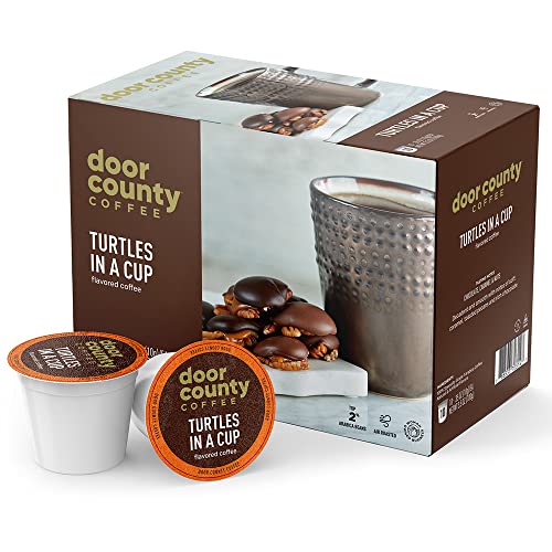 Door County Coffee, Single Serve Cups for Keurig Brewers, Turtles in a Cup, Caramel and Toasted Pecan Flavored Coffee, Medium Roast, Ground Coffee, 10 Count