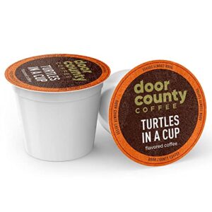 Door County Coffee, Single Serve Cups for Keurig Brewers, Turtles in a Cup, Caramel and Toasted Pecan Flavored Coffee, Medium Roast, Ground Coffee, 10 Count