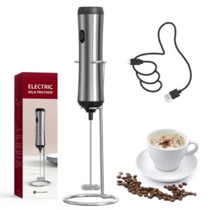 kiekro milk frother handheld, rechargeable milk frother handheld, electric milk frother handheld for latte, matcha, protein powder, hot chocolate, with bracket (silver)