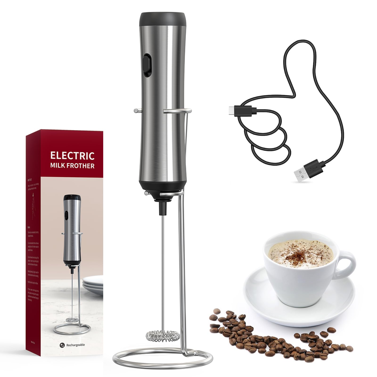 KIEKRO Milk Frother Handheld, Rechargeable Milk Frother Handheld, Electric Milk Frother Handheld for Latte, Matcha, Protein Powder, Hot Chocolate, with Bracket (Silver)