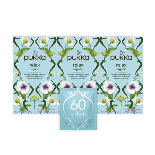 Pukka Organic Tea Bags, Relax Herbal Tea, Chamomile, Cardamon and Fennel, Perfect For Calming, 20 Count (Pack of 3) 60 Tea Bags