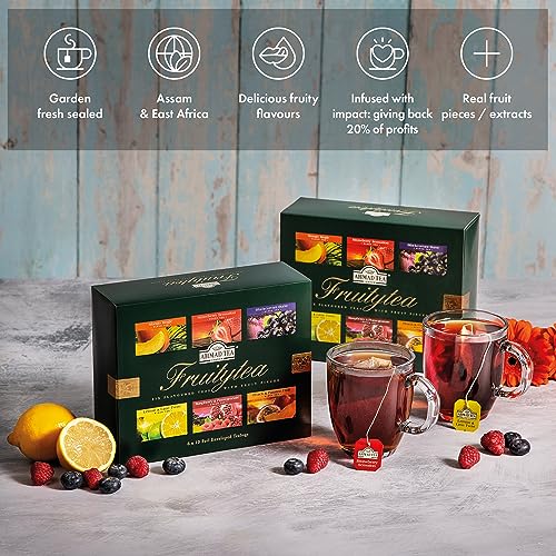 Ahmad Tea Black & Green Tea, Fruitytea Assorted Sampler Variety Gift Box, 60 Foil Teabags - Caffeinated & Sugar-Free