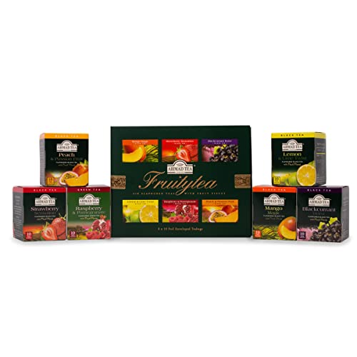 Ahmad Tea Black & Green Tea, Fruitytea Assorted Sampler Variety Gift Box, 60 Foil Teabags - Caffeinated & Sugar-Free