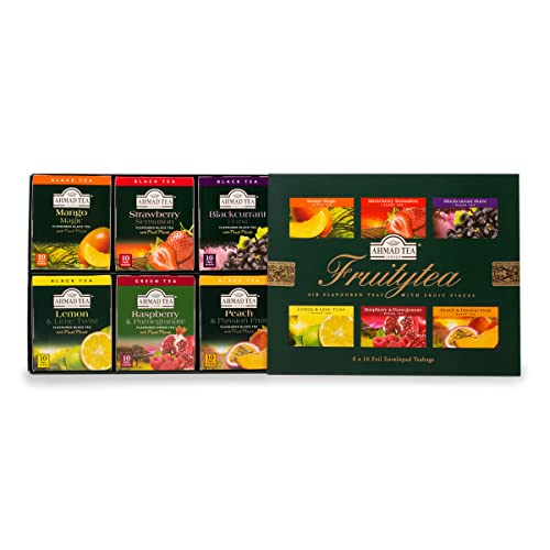 Ahmad Tea Black & Green Tea, Fruitytea Assorted Sampler Variety Gift Box, 60 Foil Teabags - Caffeinated & Sugar-Free