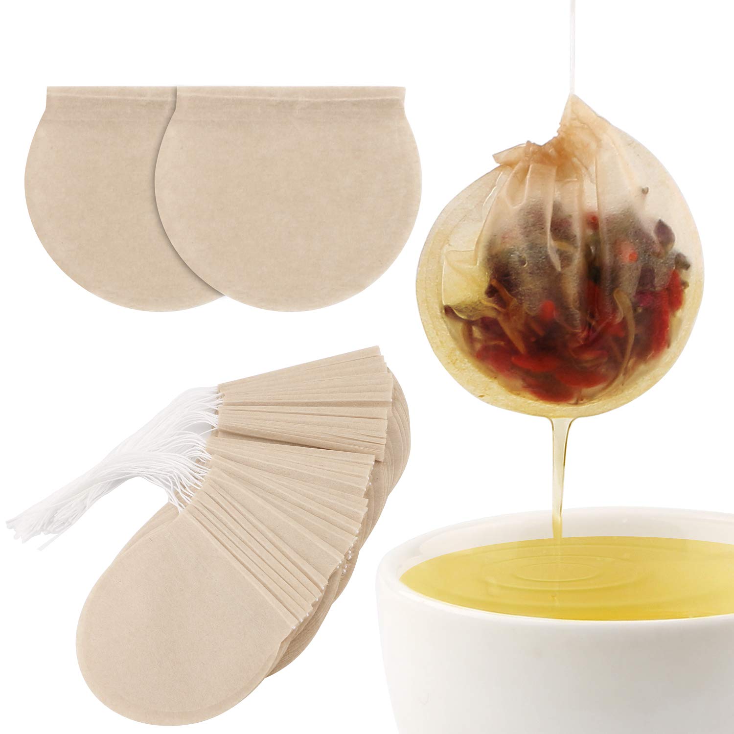 Tea Filter Bags, 300pcs Disposable Empty Tea Bags Tea Infuser Drawstring Teabags Safe Natural Material Tea Bags for Loose Leaf Herbs Teas (Round Shape)