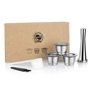 stainless steel refillable coffee espresso capsules, reusable coffee pods compatible with nespresso original line brewers 4y crema new generation (3 capsules + 1 tamper)