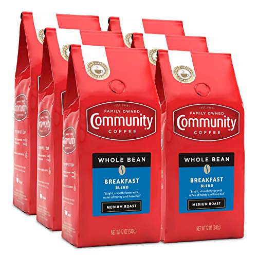 Community Coffee Breakfast Blend Whole Bean Coffee, Medium Roast, 72 Ounce (12 Ounce Bags, Pack of 6)