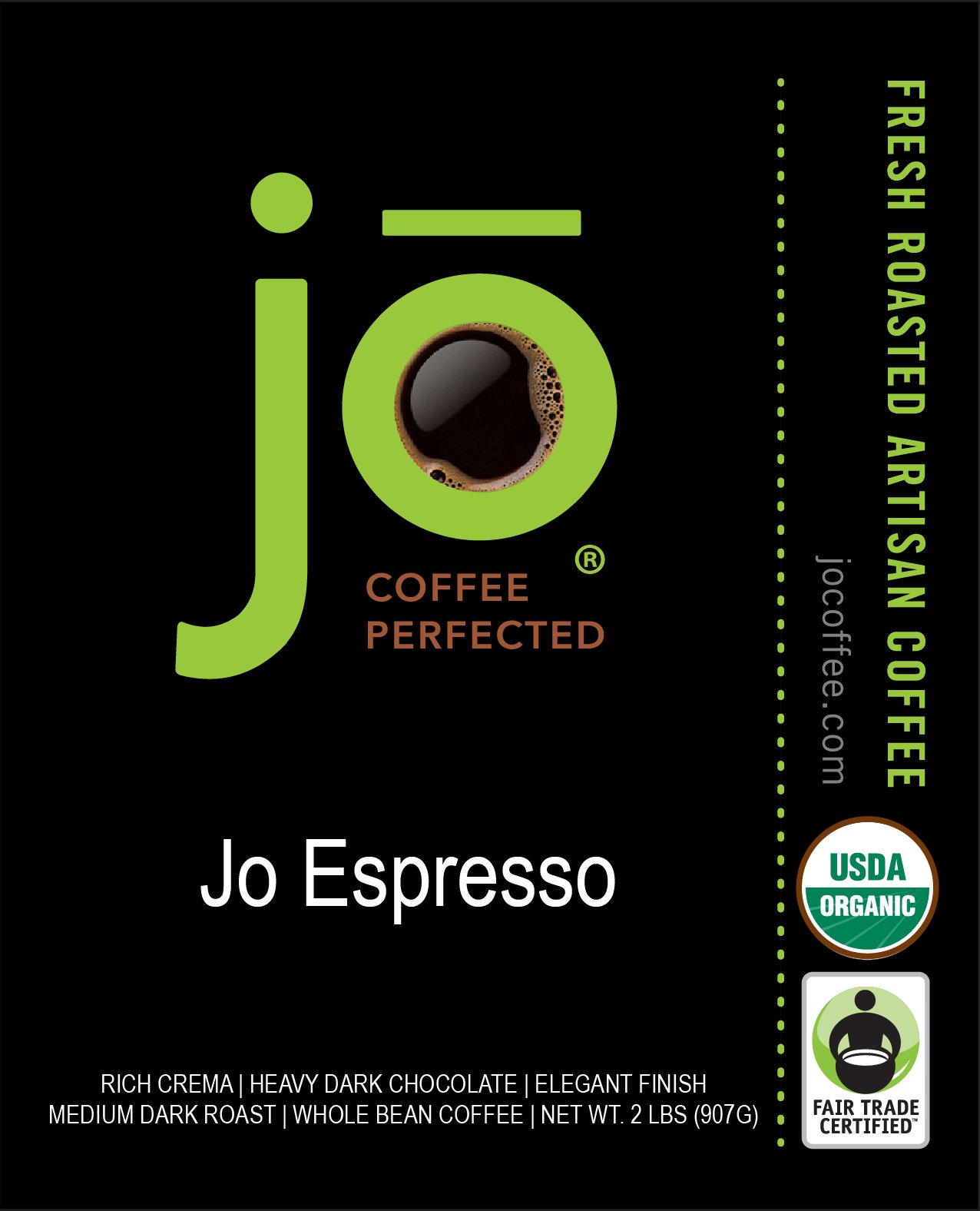 JO ESPRESSO: 2 lb, Medium Dark Roast, Whole Bean Organic Arabica Espresso Coffee, USDA Certified Organic Espresso, NON-GMO, Fair Trade Certified, Gluten Free Gourmet Espresso Beans by Jo Coffee