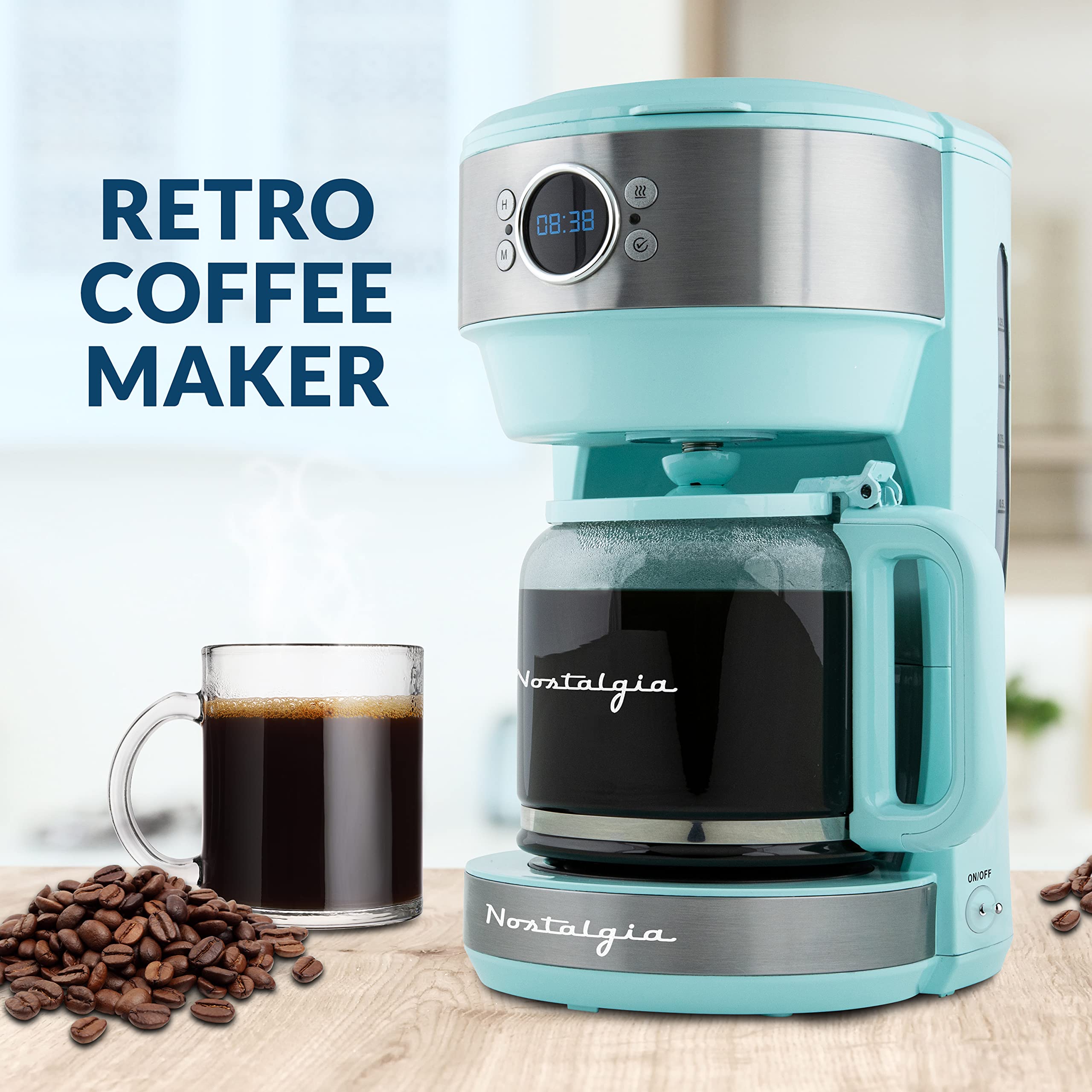 Nostalgia Retro Coffee Maker, 12 Cup, Vintage Coffee Machine with Adjustable Timer, Warm Function, Anti Drip, Glass Carafe Included, Aqua