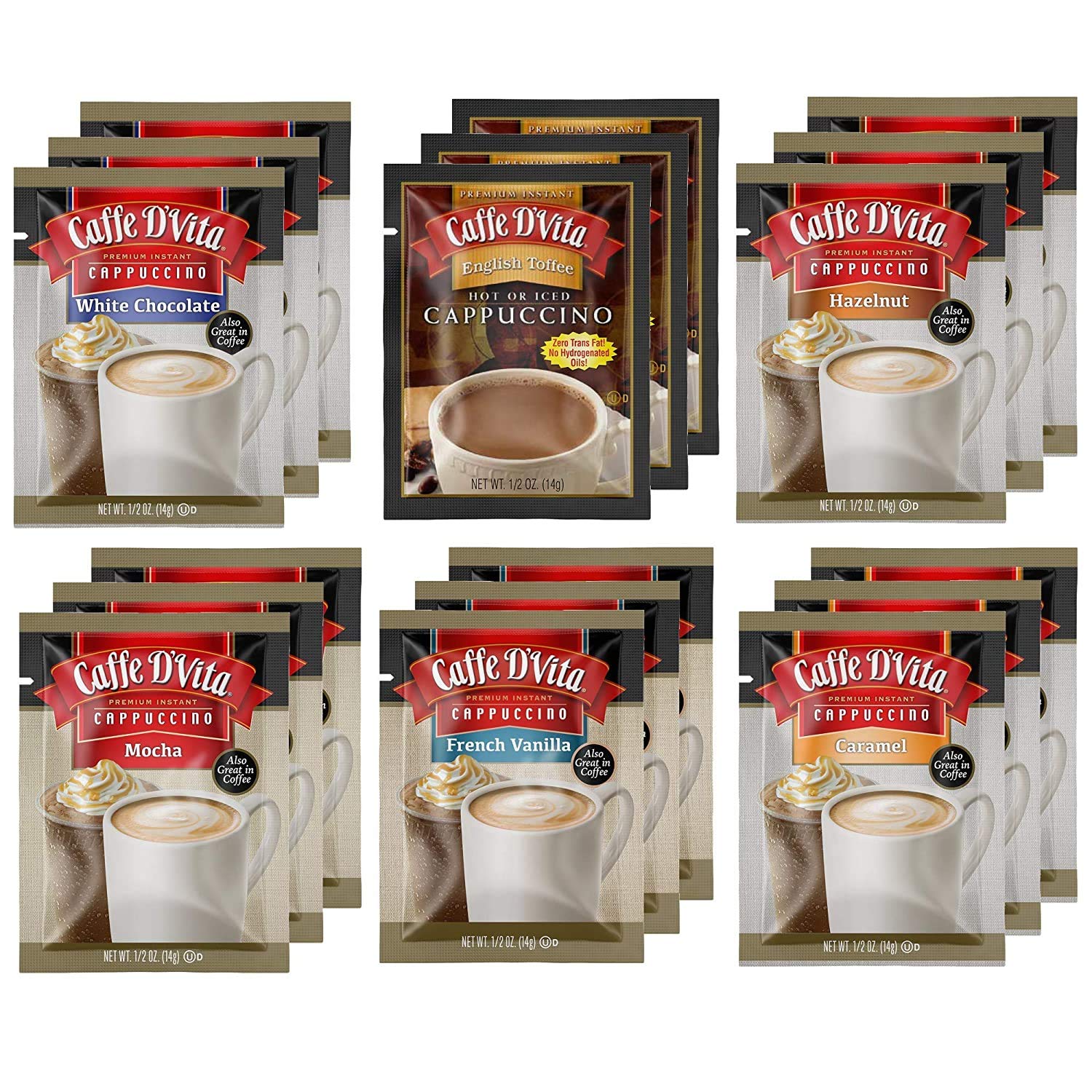 Caffe D'Vita Cappuccino Assortment (White Chocolate, English Toffee, Hazelnut, Mocha, French Vanilla, Caramel) - Instant Cappuccino Mix, Gluten Free - 0.5 oz each, 18 Packets, 6 of Each Flavor