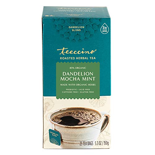 Teeccino Dandelion Mocha Mint Tea - Caffeine Free, Roasted Herbal Tea with Prebiotics, 3x More Herbs than Regular Tea Bags, Gluten Free - 25 Tea Bags