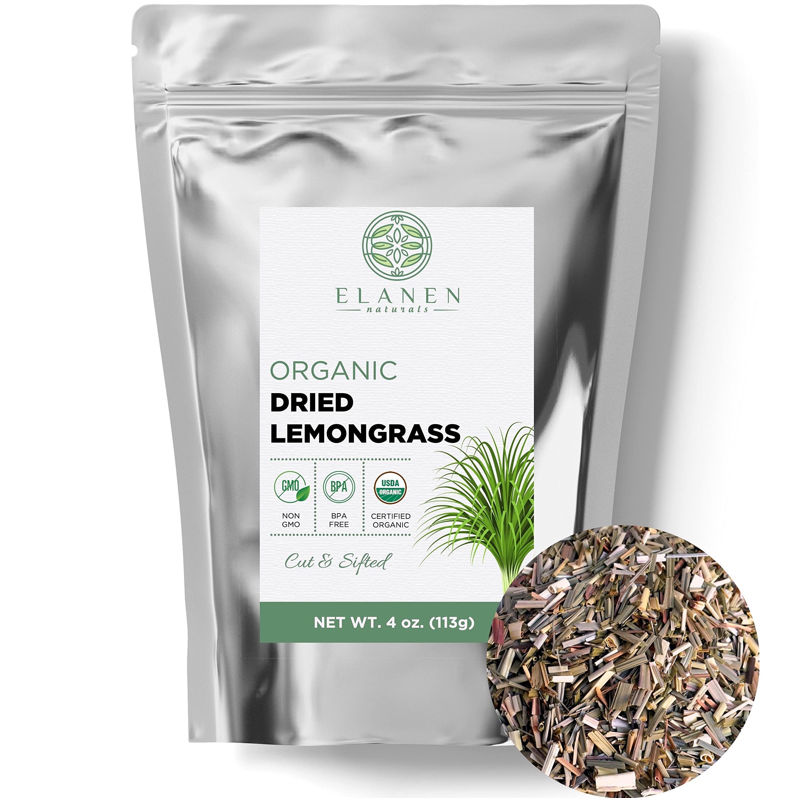 Organic Dried Lemongrass Tea 4 oz. (113g), USDA Certified Organic Lemon Grass Herbs Leaf, Lemin Grass, Te De Limon, Fever Grass, Lemingrass Loose Leaves, Dried Lemongrass Bulk